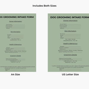 Sage Green Dog Grooming Intake Form | Client Pet Details (printable PDF ...