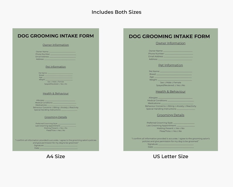 Sage Green Dog Grooming Intake Form | Client Pet Details (printable PDF ...