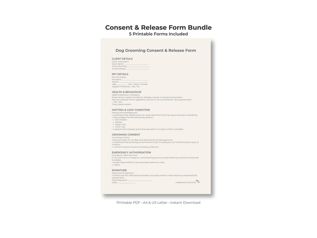 Dog Grooming Consent & Release Forms Printable | 5 Colour Bundle PDF - Etsy