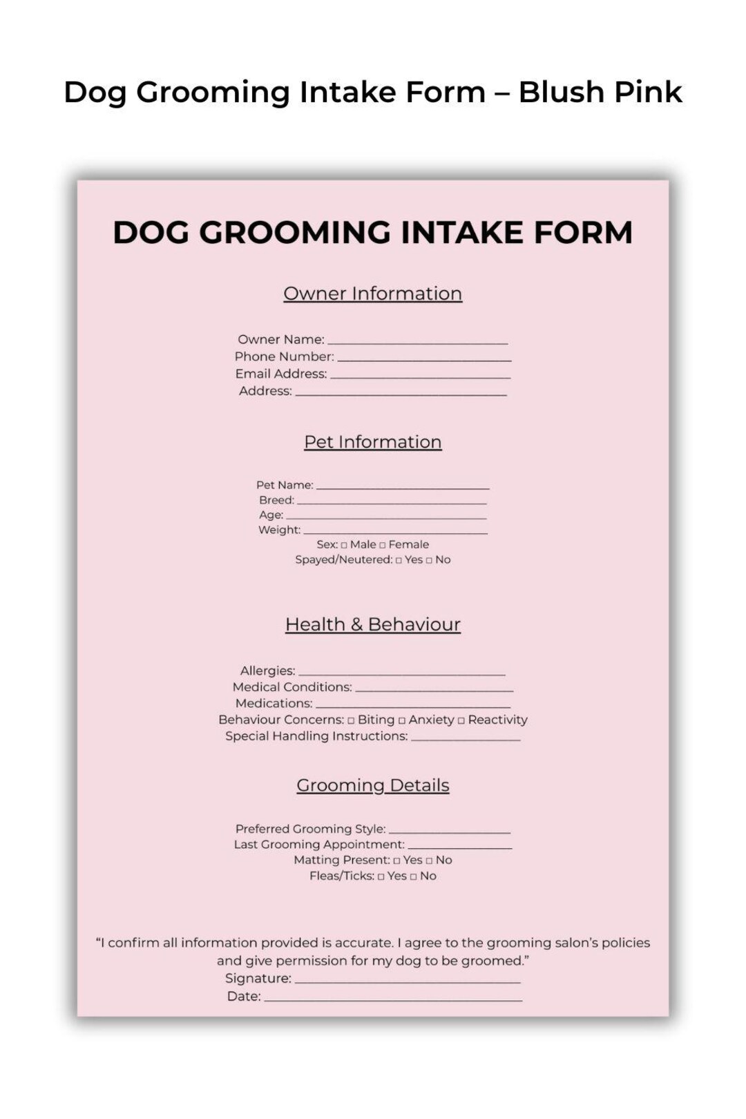 Blush Pink Dog Grooming Intake Form | Printable Groomer Sheet - Etsy