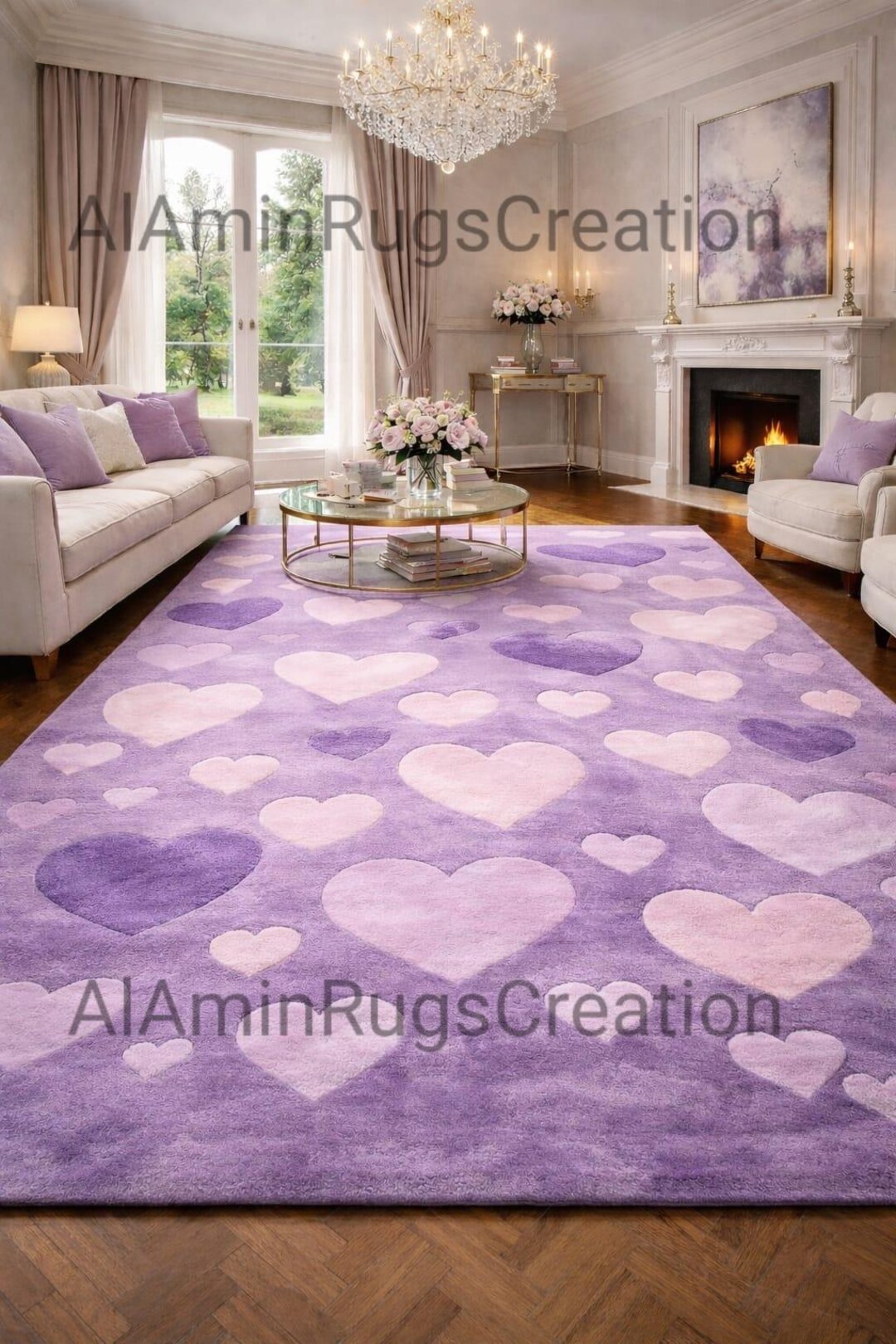 Romantic Heart Pattern Hand-tufted Wool Rug – Purple & Pink Soft Plush ...
