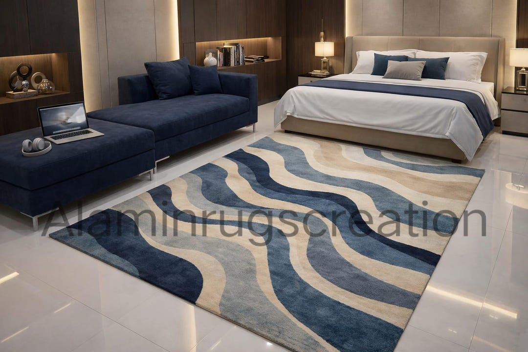 5x8, Modern Blue Abstract Wave Hand-tufted Wool Area Rug, Contemporary ...