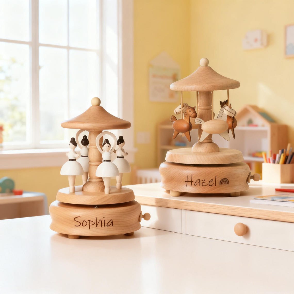 Custom Carousel Name Wooden Music Box, Engraved Kids Birthday & Newborn ...
