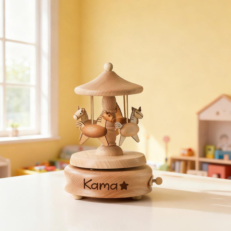 Custom Carousel Name Wooden Music Box, Engraved Kids Birthday & Newborn ...