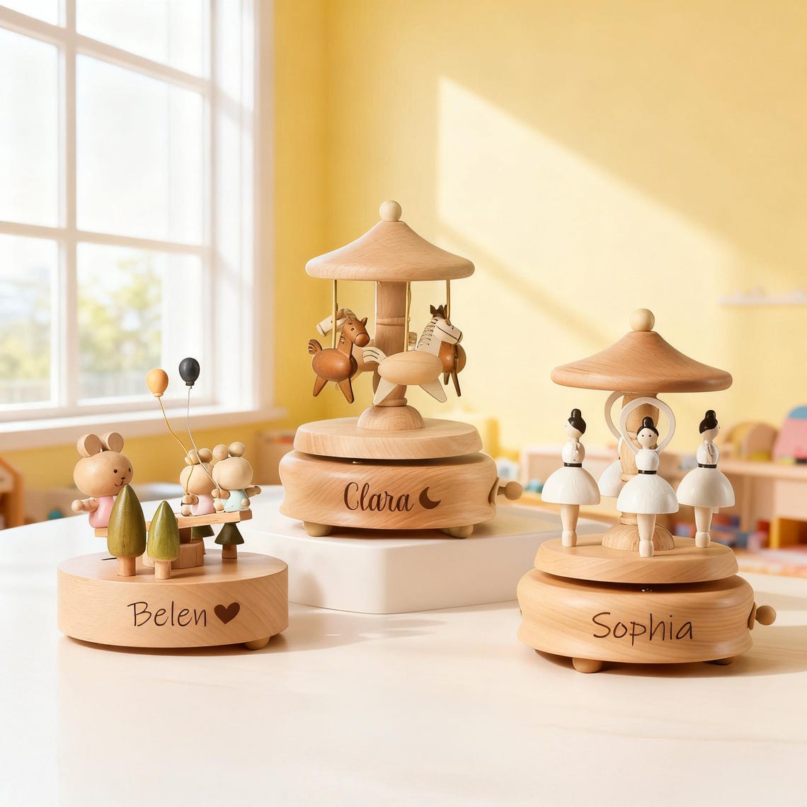 Custom Carousel Name Wooden Music Box, Engraved Kids Birthday & Newborn ...