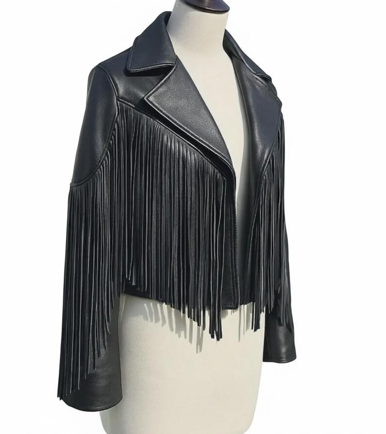 Vintage Inspired Black Original Leather Cropped Fringe Motorcycle ...