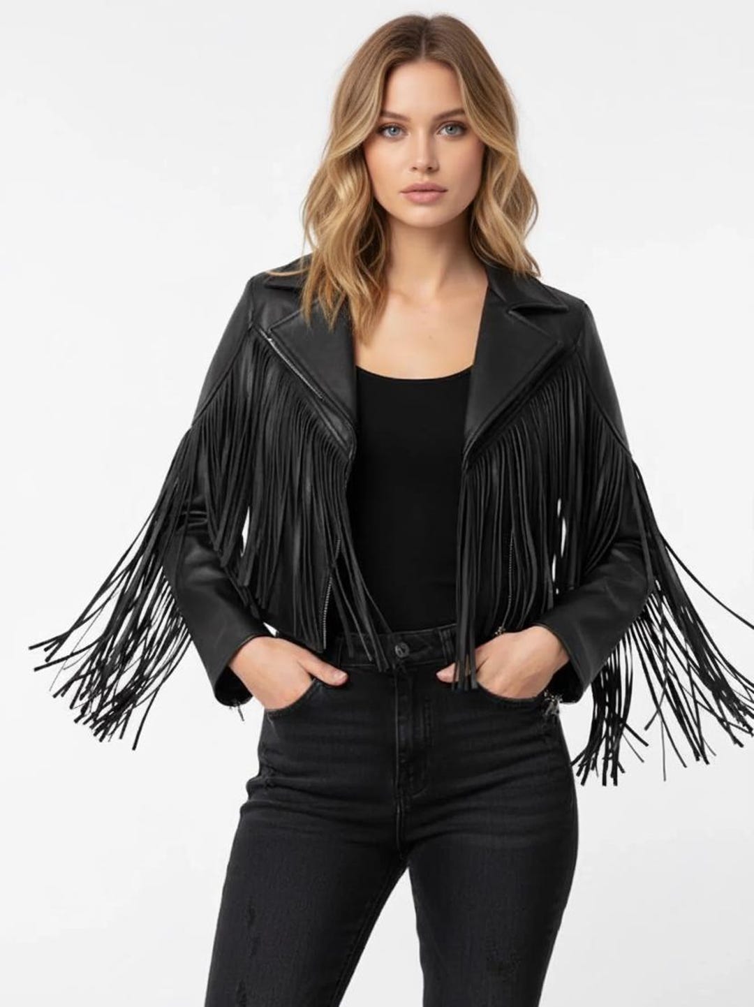 Vintage Inspired Black Original Leather Cropped Fringe Motorcycle ...