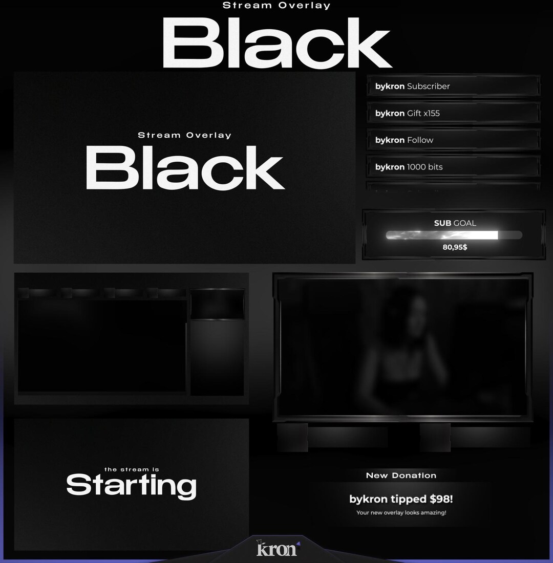 Black Stream Overlay Package, Animated Scenes, Alerts, Twitch Overlay ...