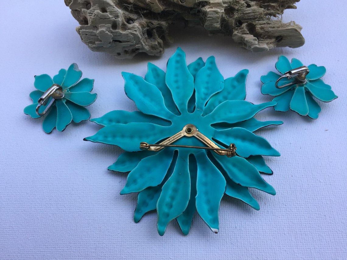 Bold Aqua, Blue Flower Brooch With Matching Clip Earrings. - Etsy
