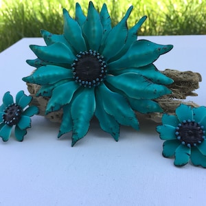 Bold Aqua, Blue Flower Brooch With Matching Clip Earrings. - Etsy