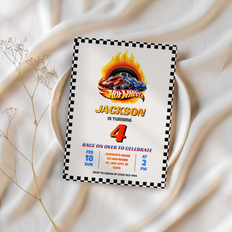 Hot Racing Cars Birthday Invitation for Boys Hot Wheels Race Car Flame ...