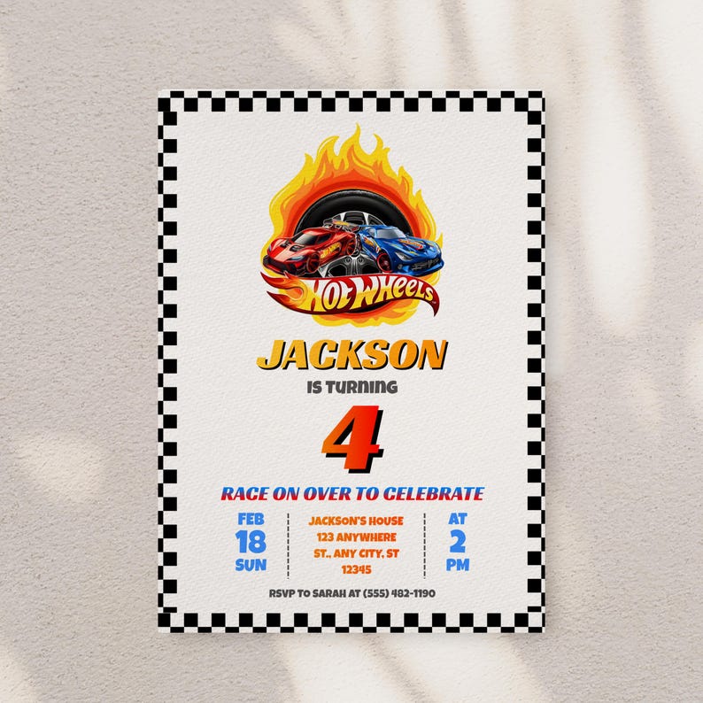 Hot Racing Cars Birthday Invitation for Boys Hot Wheels Race Car Flame ...
