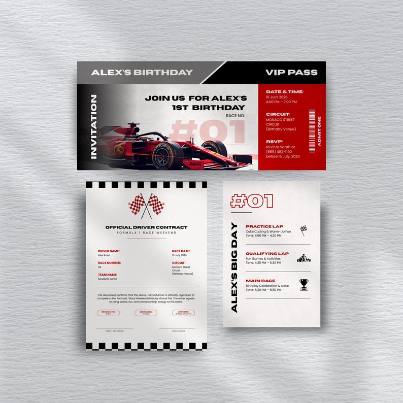 Formula 1 Birthday Invitation Set Template Editable F1 Ferrari Racing ...