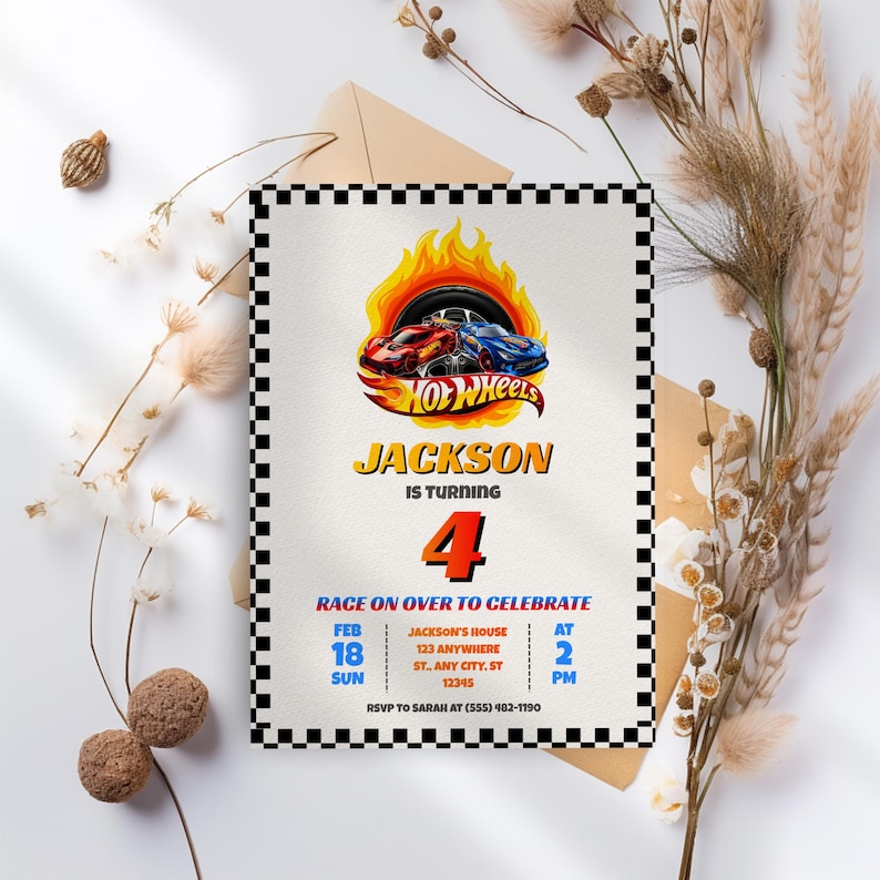 Hot Racing Cars Birthday Invitation for Boys Hot Wheels Race Car Flame ...