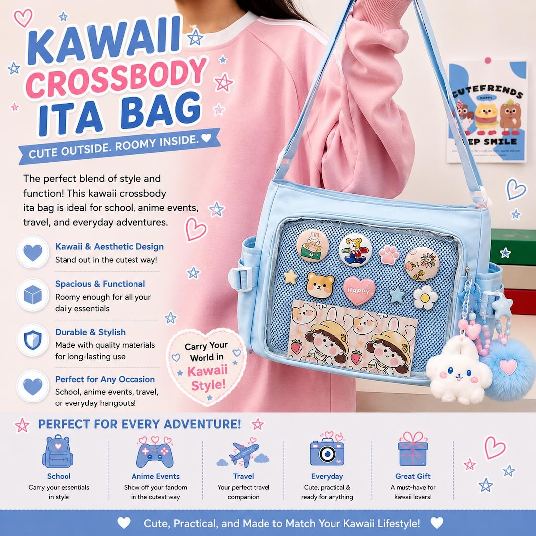 Kawaii Ita Bag: Pin Display Transparent Pocket Crossbody Shoulder Bag ...
