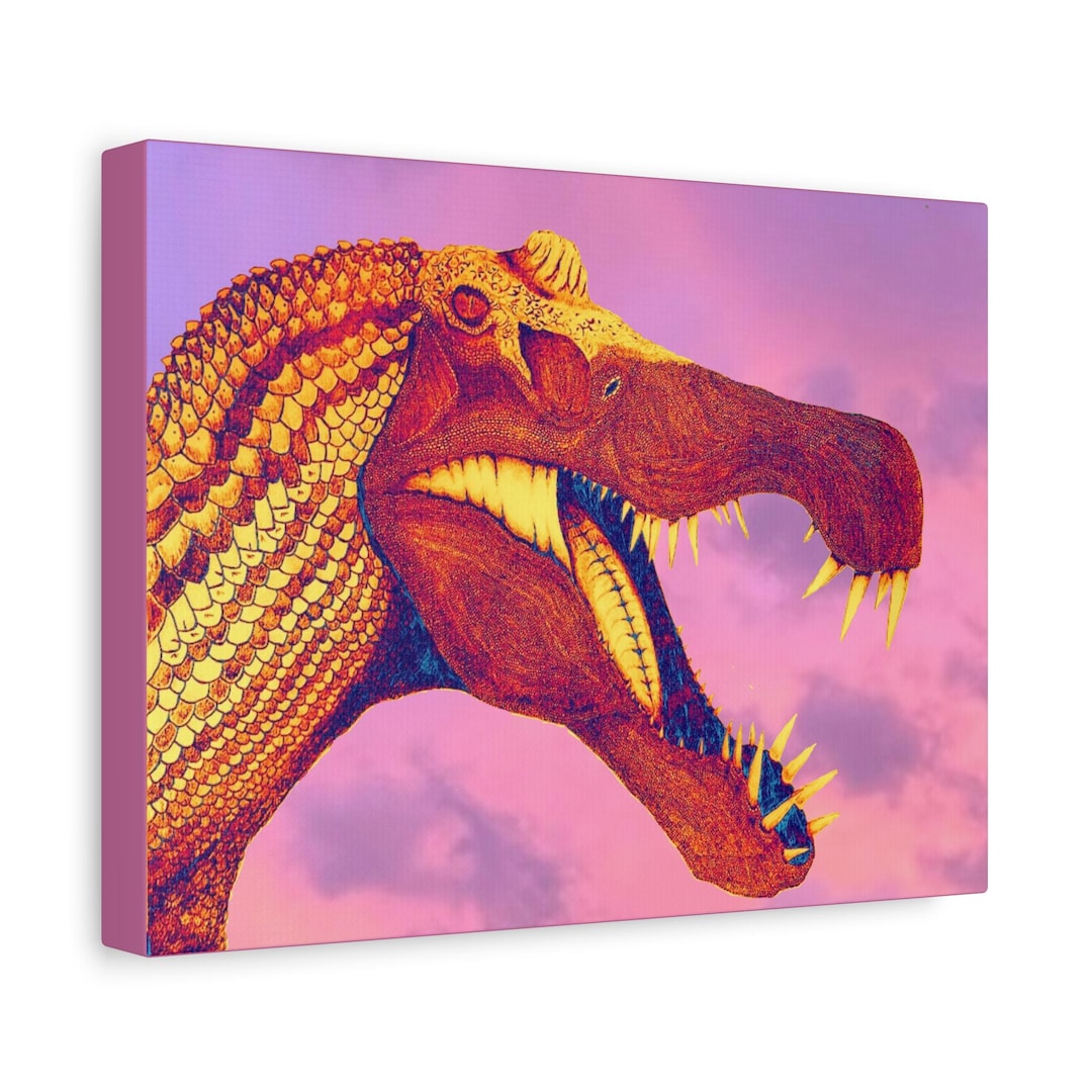 Pink Sky Dinosaur Head Canvas Wall Art | Spinosaurus Prehistoric Animal ...