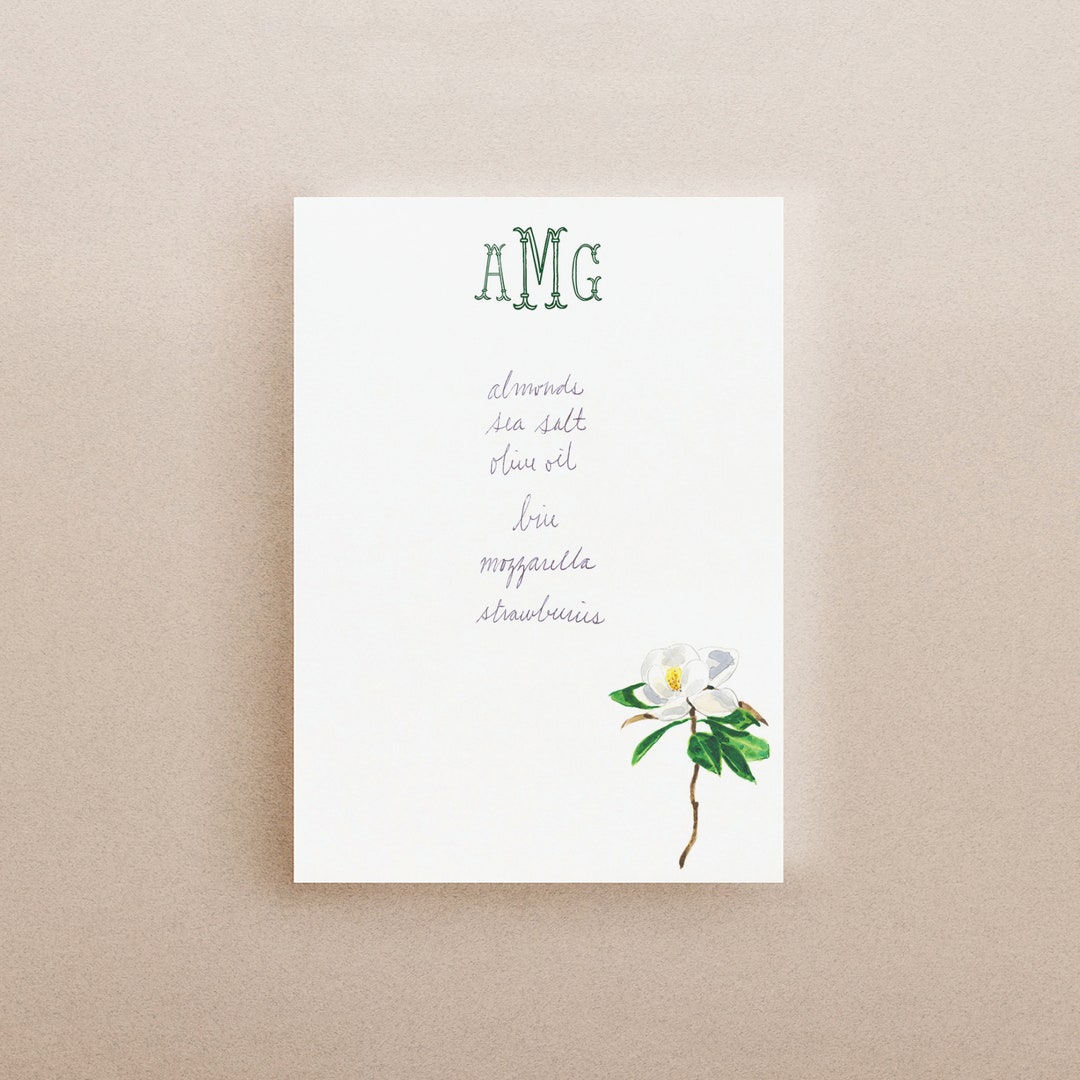 White Magnolia Flower Notepad, Monogram Stationery, Southern Preppy ...