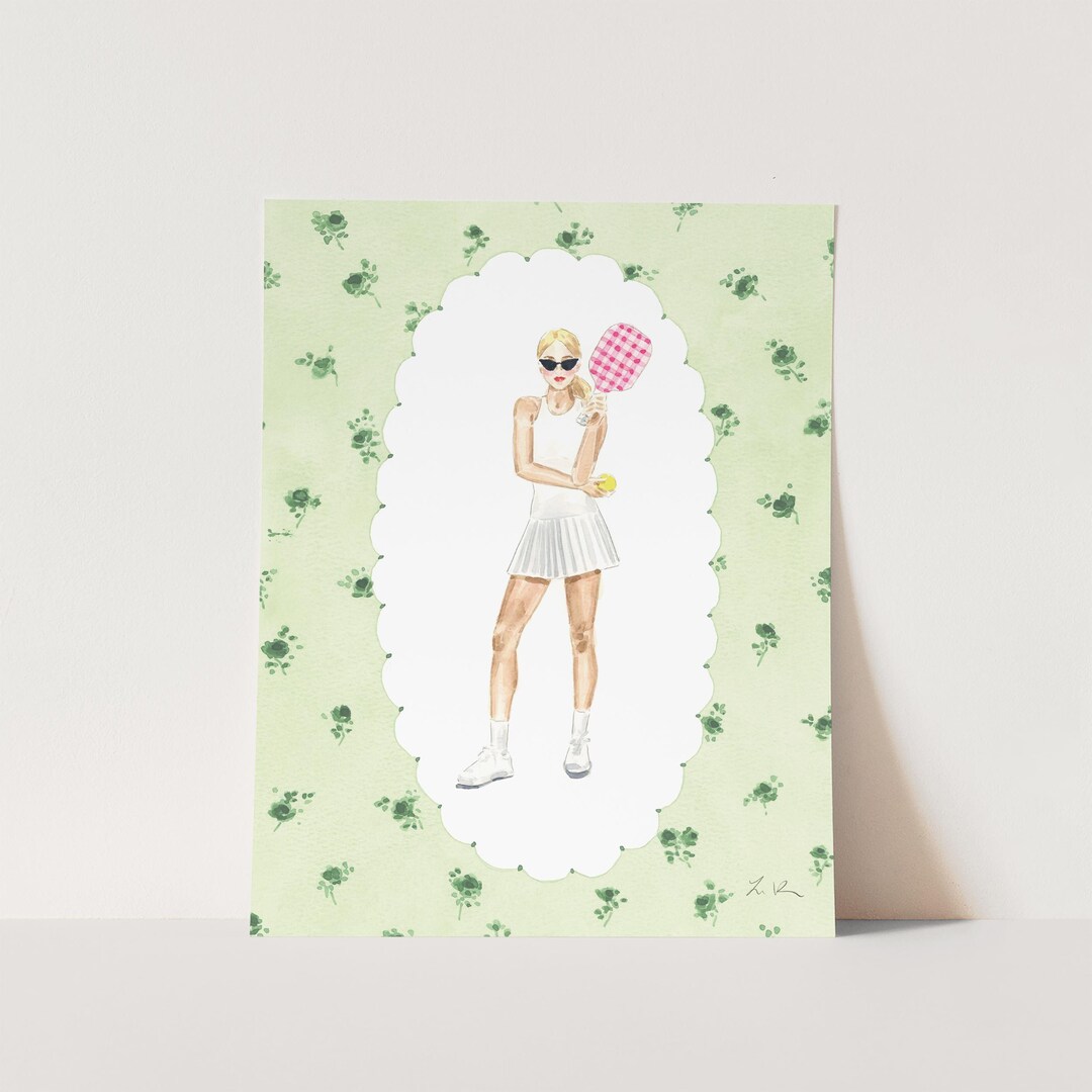 Preppy Pickleball Girl Art Print, Pink and Green Watercolor Decor ...