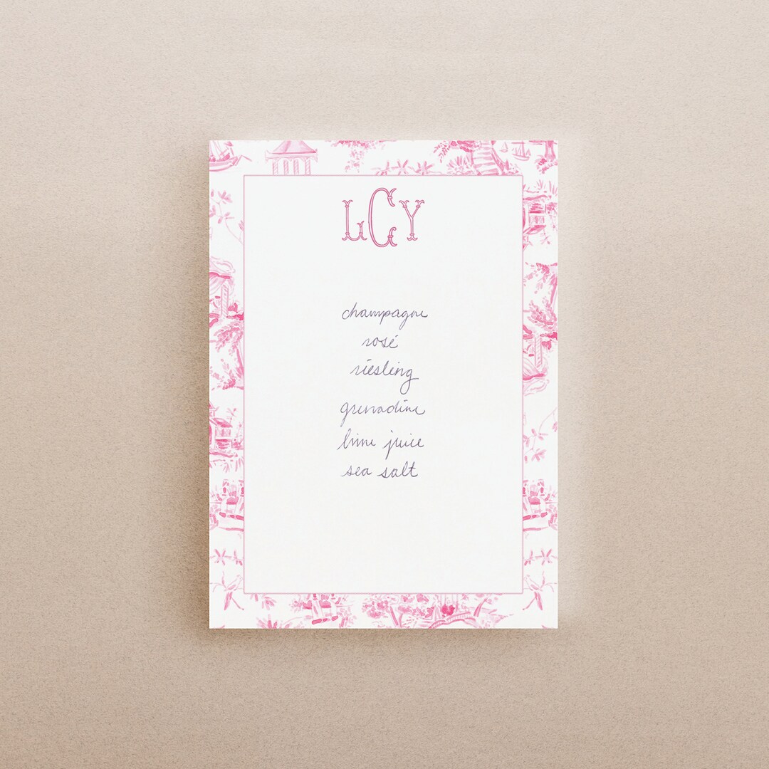 Personalized Notepad Light Pink Chinoiserie Toile Pattern - Monogram ...