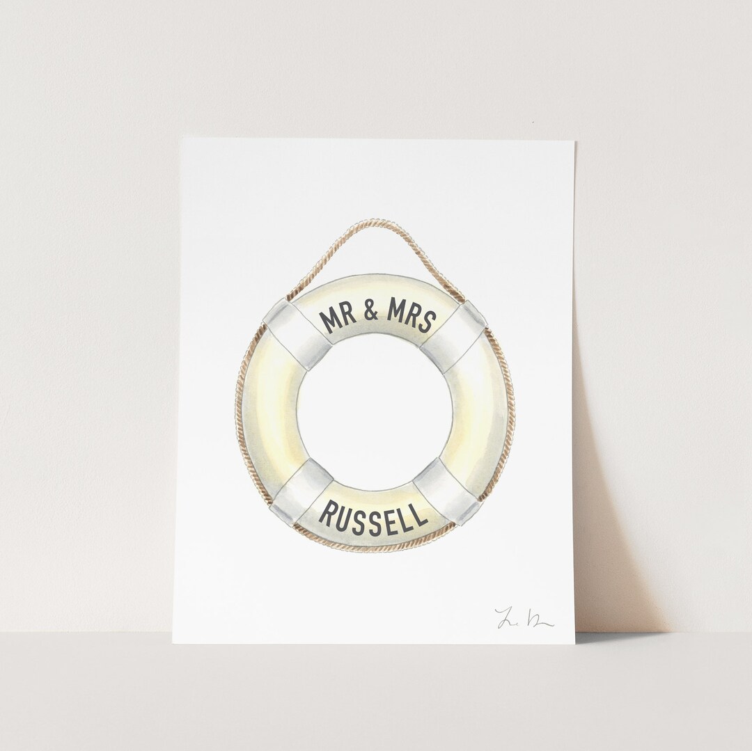 Ivory Life Preserver Personalized Art Print, Nautical Watercolor, Buoy ...