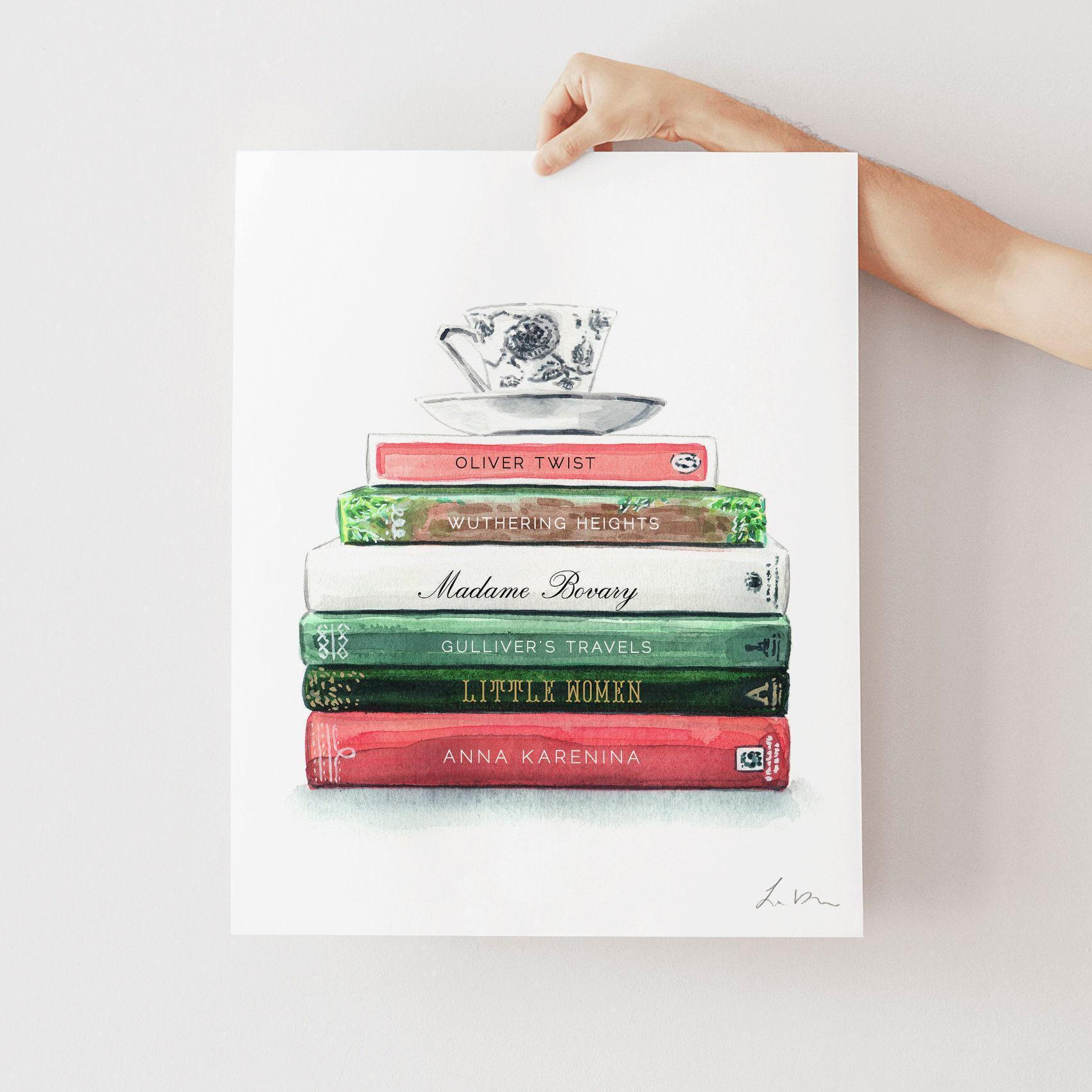 Custom Book Stack Watercolor Art Print - Favorite Books Art, Preppy ...