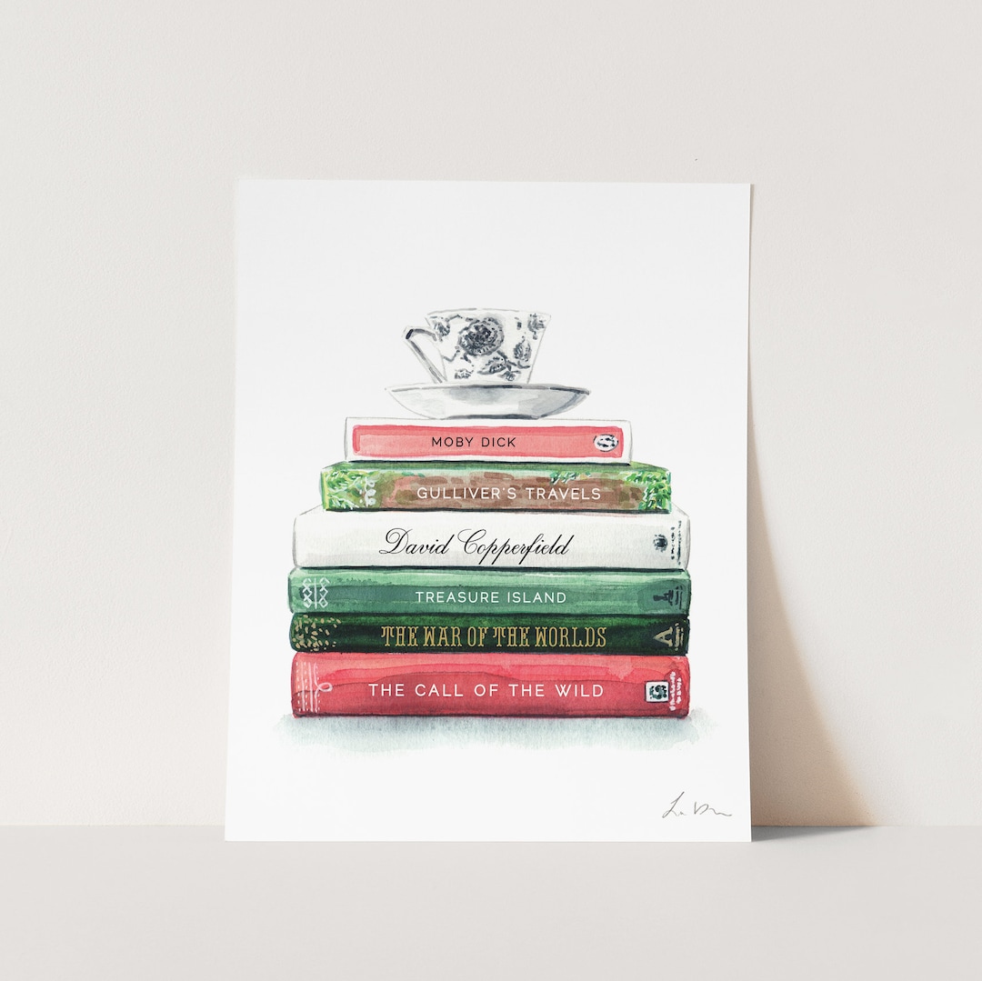 Custom Book Stack Watercolor Art Print - Favorite Books Art, Preppy ...
