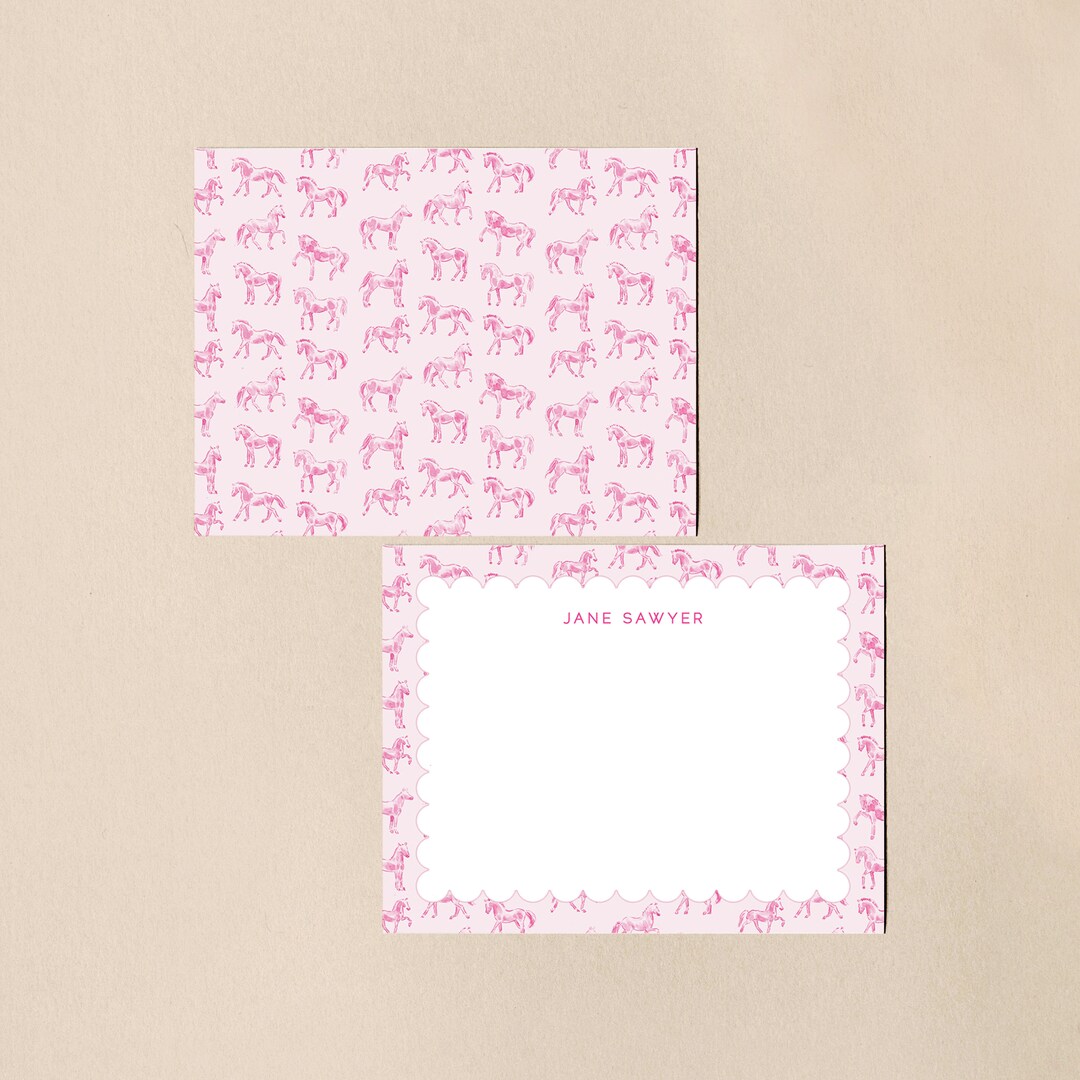 Grandmillennial Pink Horse Pattern Notecards, Preppy Equestrian ...