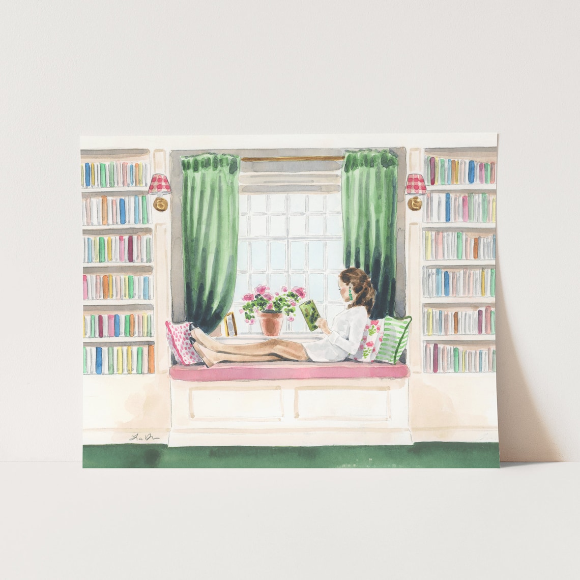 Reading Girl in Her Library Art Print Preppy Book Art Girly - Etsy