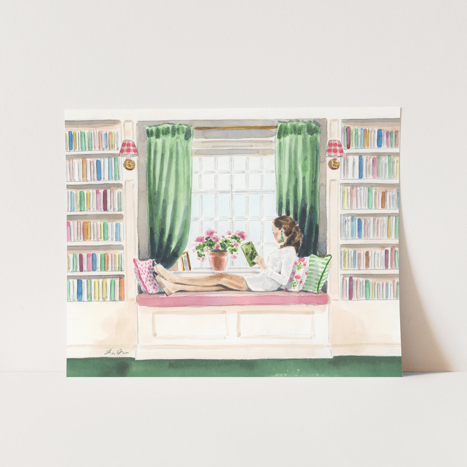 Reading Girl in Her Library Art Print, Preppy Book Art, Girly Book ...