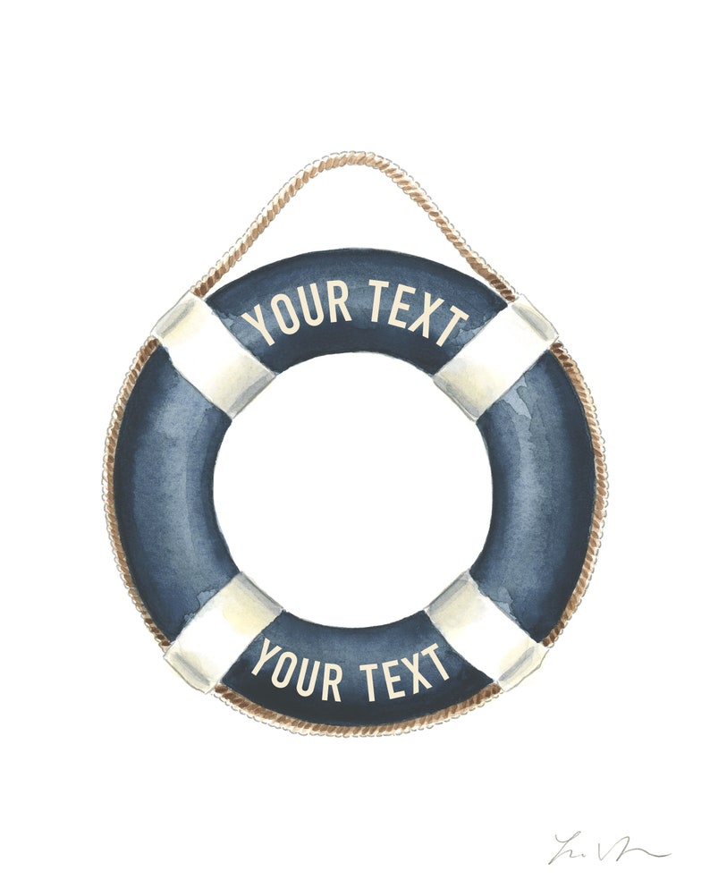Custom Navy Blue Life Preserver Art Print, Personalized Lake House ...