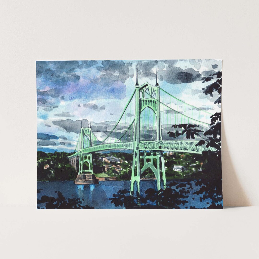 St Johns Bridge Art Print, Portland Oregon Watercolor, Willamette River ...