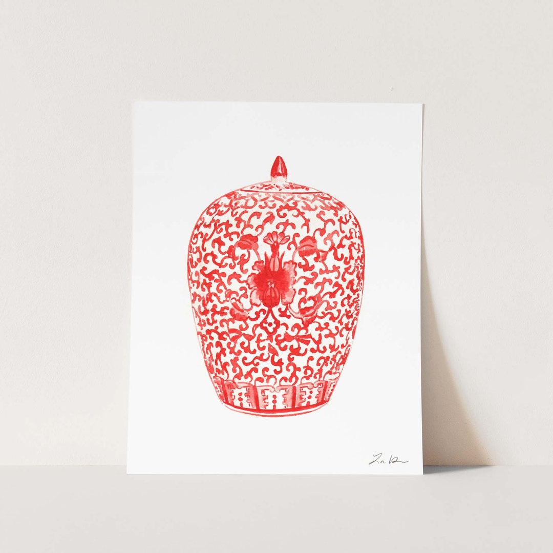 Art Print Coral Red Ginger Jar 1 Painting Wall Home Decor Watercolor ...