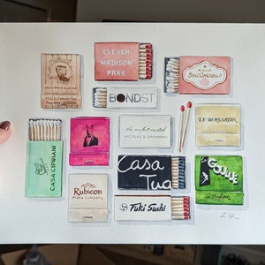 Custom Matchbook Collage Watercolor Painting, Favorite Restaurant ...