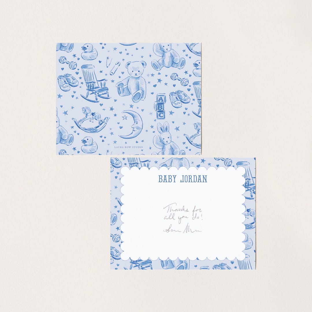 Blue Baby Toile Pattern Stationery, Personalized Notecard Set, Custom ...