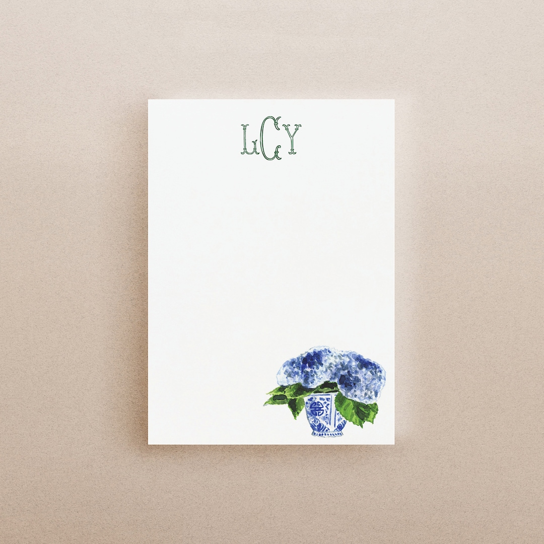 Blue Hydrangeas Notepad, Monogram Chinoiserie Note Pad, Monogrammed ...