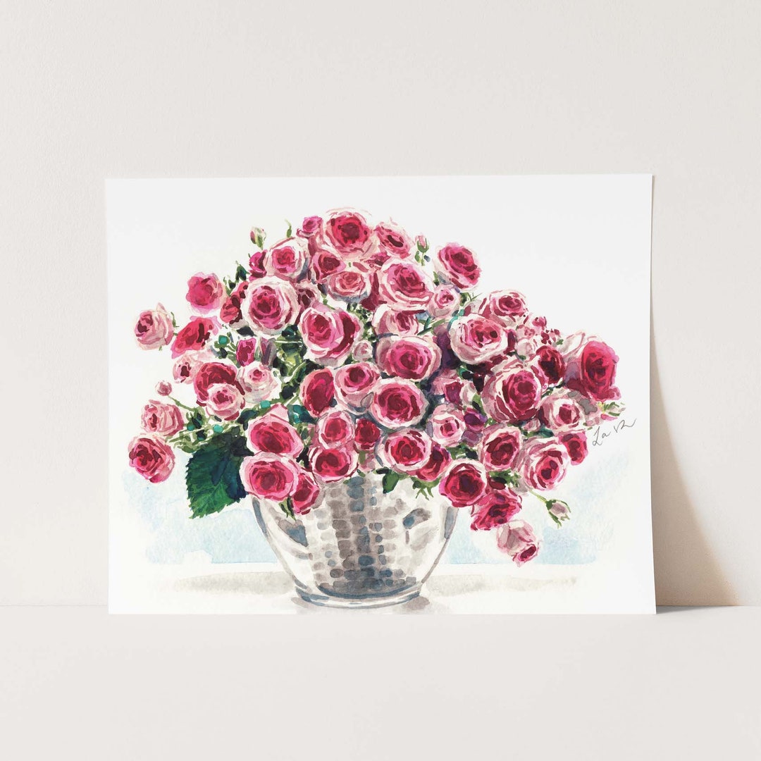 Pink Tea Roses Watercolor Art Print, Pink Rose Wall Decor, Preppy ...