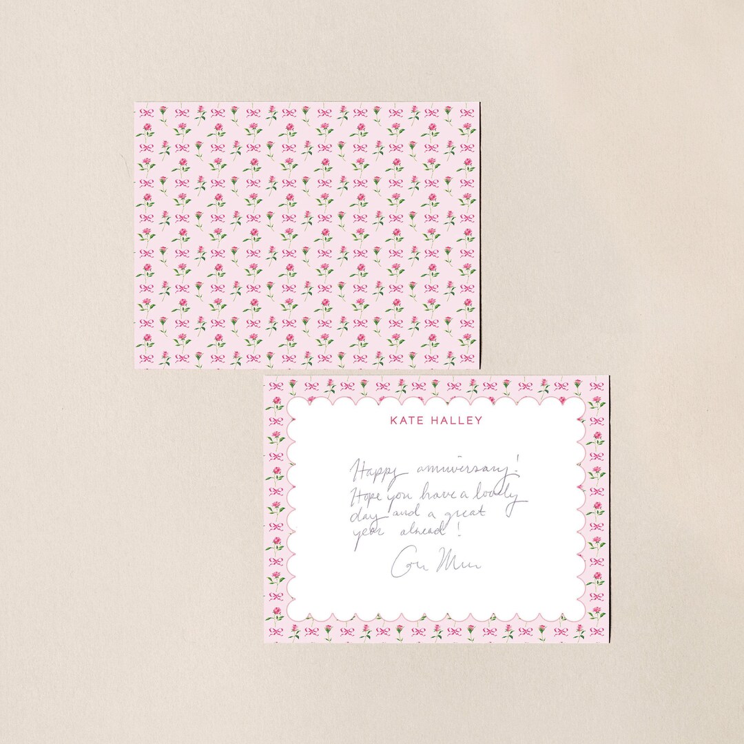 Pink Roses and Bows Stationery, Personalized Coquette Notecard Set ...