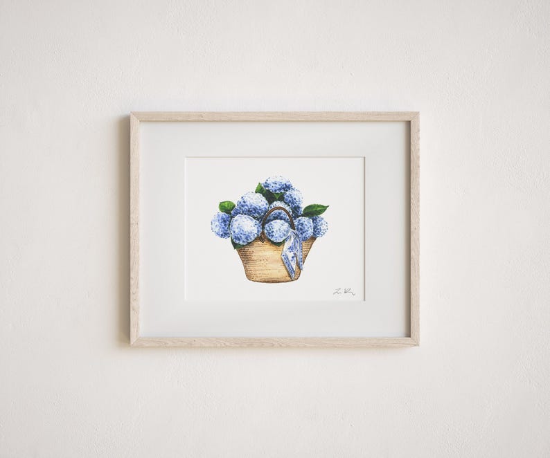 Preppy Blue Hydrangeas Straw Tote Art Print, New England Floral Wall ...