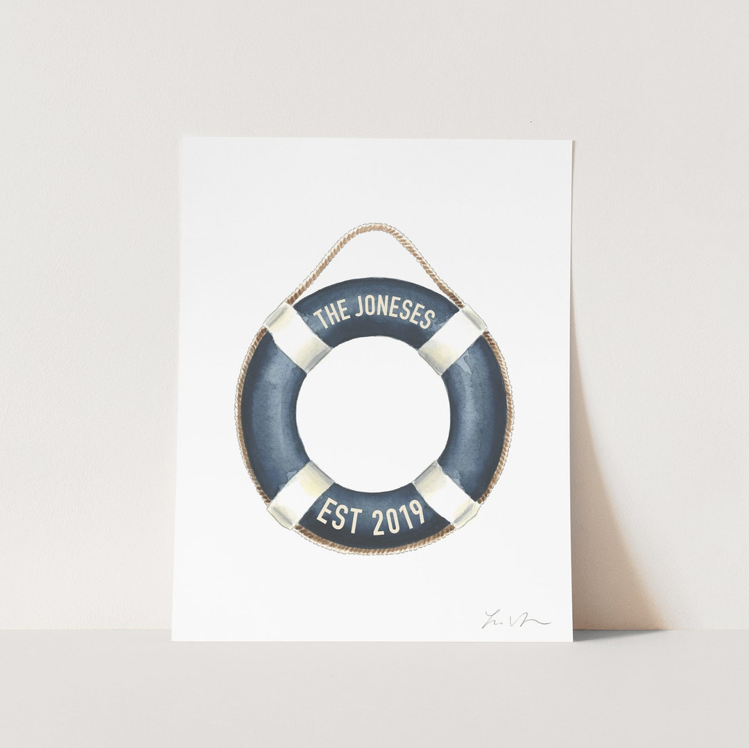 Custom Navy Blue Life Preserver Art Print, Personalized Lake House ...