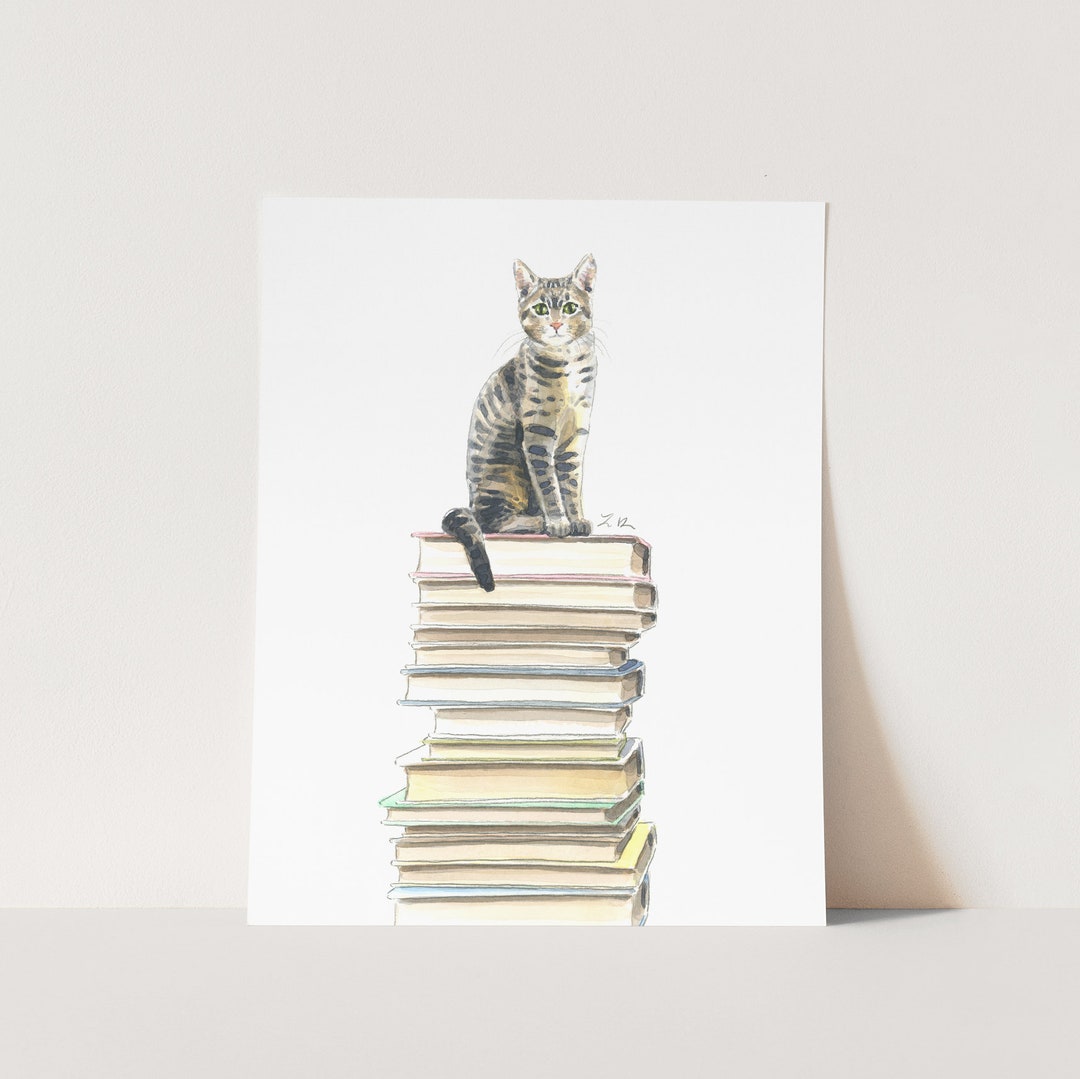 Bookshop Cat Art Print, Bookstore Watercolor Illustration, Books and ...