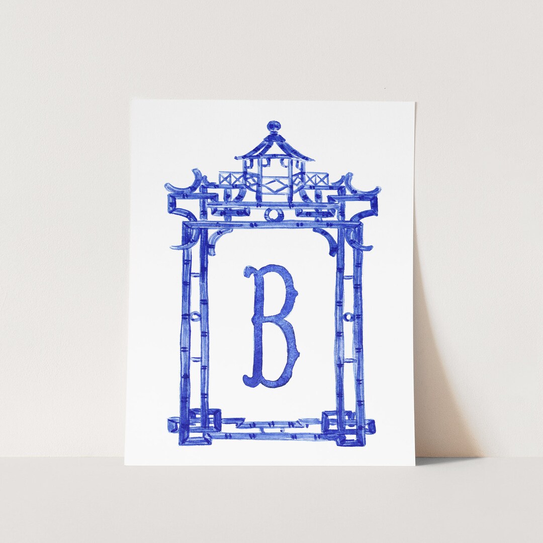 Chinoiserie Blue Pagoda Art Print, Custom Initial Watercolor Painting ...