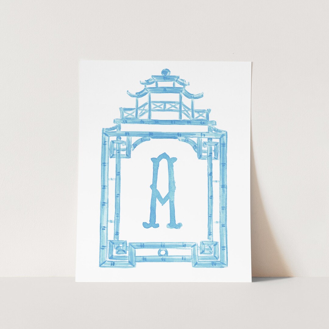Spa Blue Pagoda Art Print, Custom Initial Watercolor, Chinoiserie Home ...