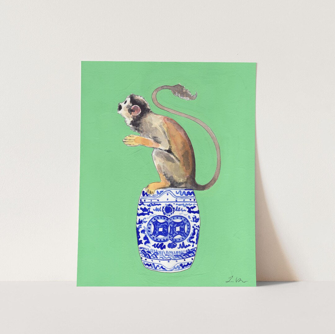 Chinoiserie Monkey Art Print No. 1, Blue and White Watercolor, Southern ...