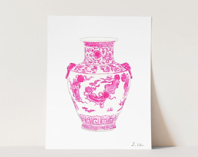 Watercolor Pink Chinoiserie Ginger Jar Vase Print Art for Living Room ...