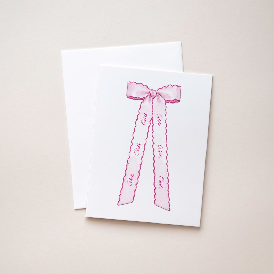 Custom Pink Ribbon Bow Notecards, Preppy Vintage Watercolor Stationery ...