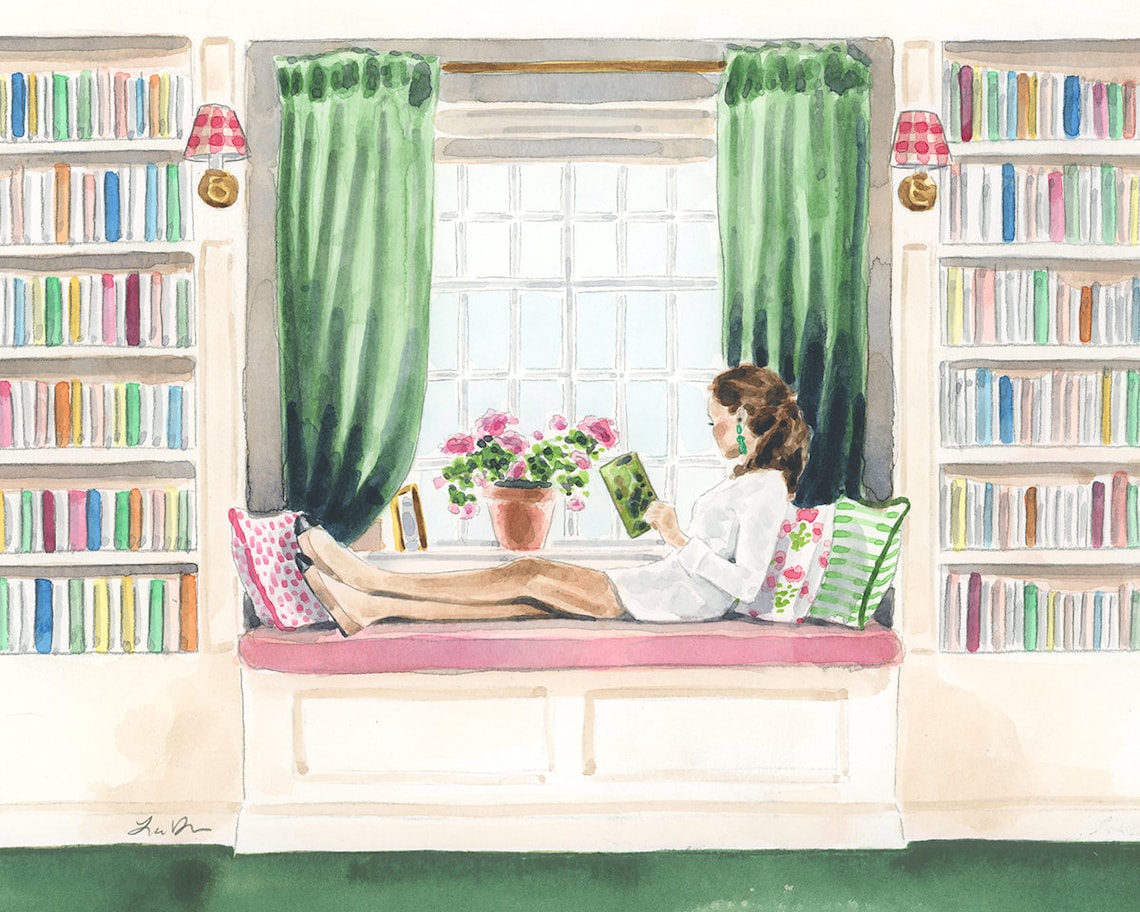 Reading Girl in Her Library Art Print Preppy Book Art Girly - Etsy