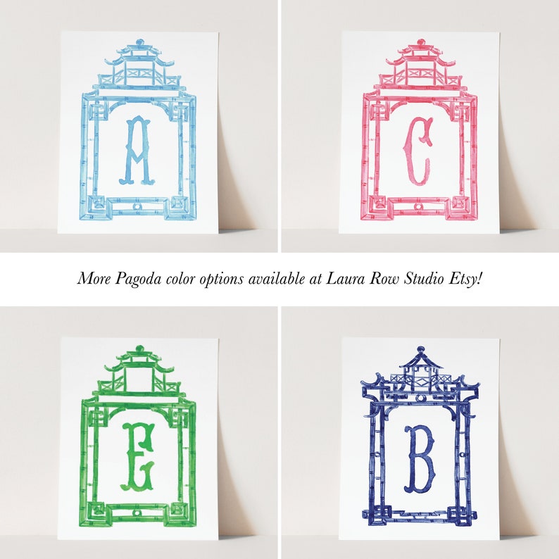 Chinoiserie Blue Pagoda Art Print, Custom Initial Watercolor Painting ...