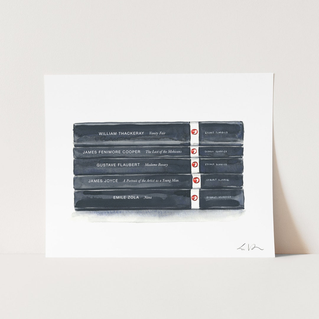 Book Art Print, Custom Black Paperbacks, Favorite Books Watercolor ...