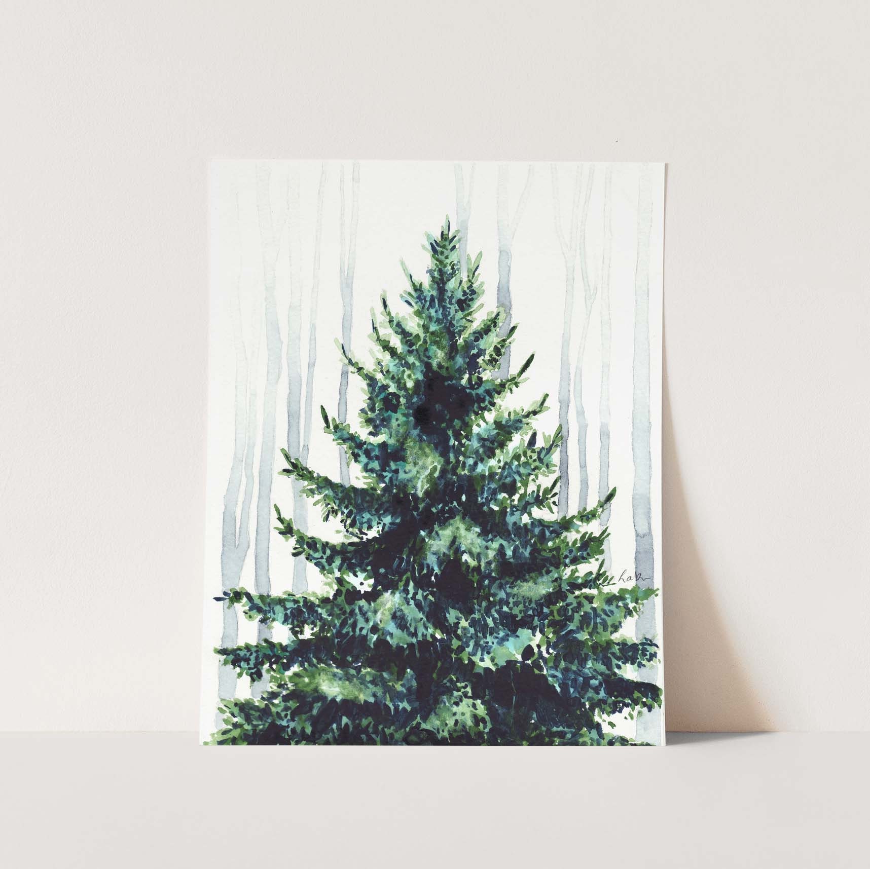 Art Print Christmas Tree in the Woods Watercolor Painting Wall Home ...