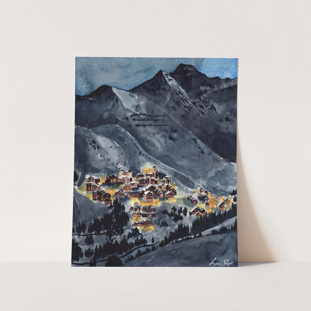 Art Print Winter Scene Mountain Village Watercolor Painting Wall Home ...